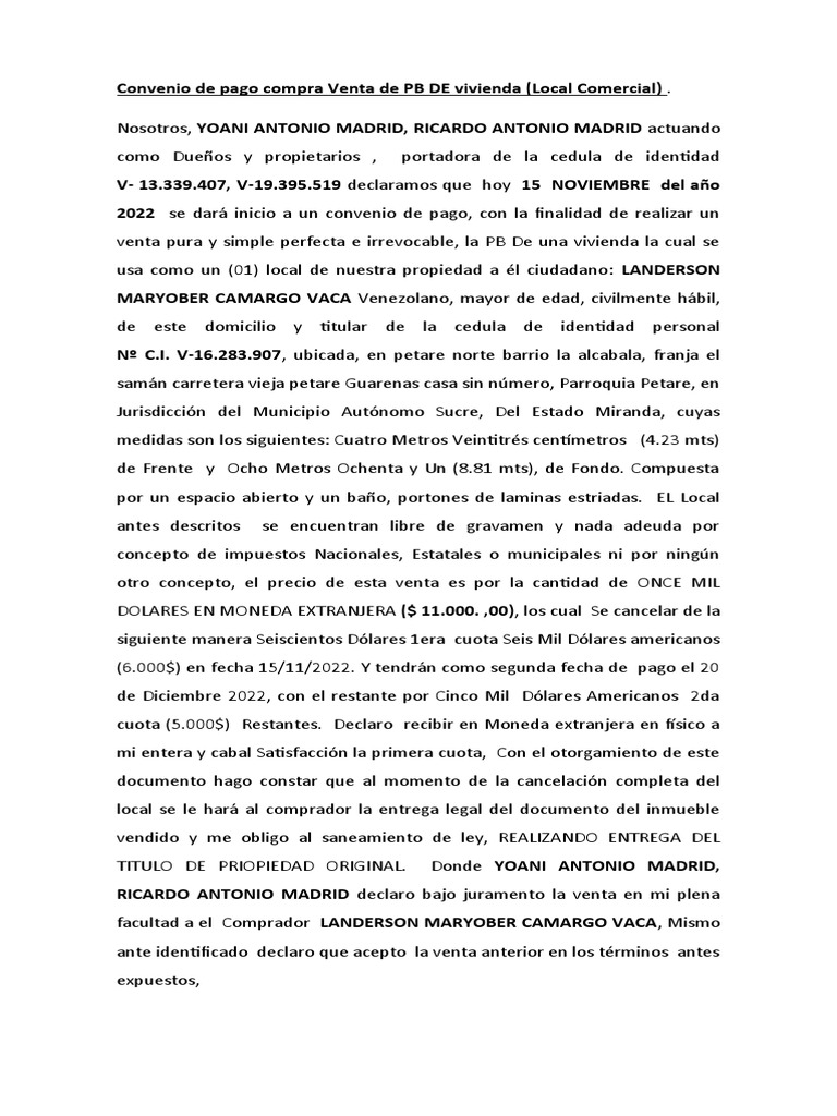 Convenio de Pago Compra Venta Local Comercial Pepe | PDF