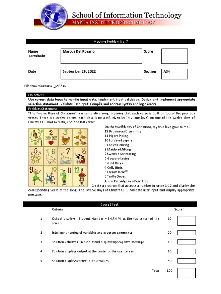 Name Terminal# Marcus Del Rosario Score: Machine Problem No. 7 | PDF ...