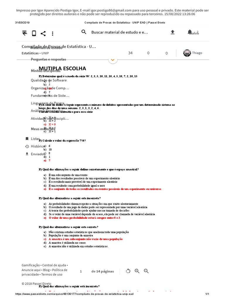 Compilado de Provas de Estatística - UNIP EAD - 1 - Passei Direto | PDF | Amostragem ...