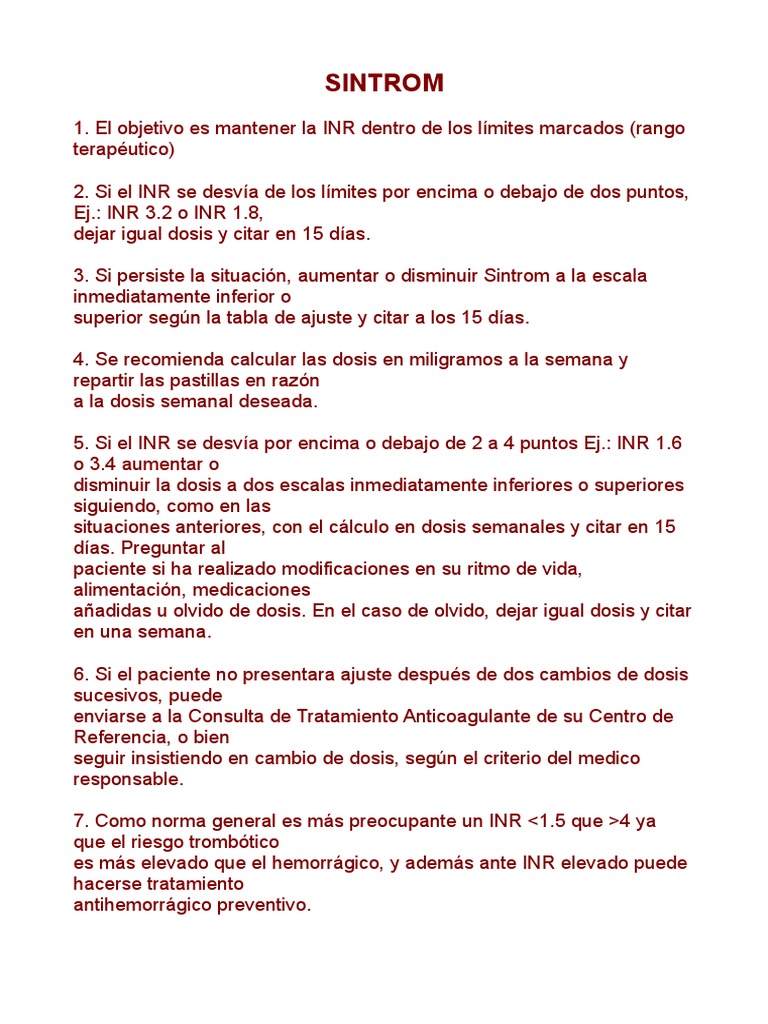 Ajuste de Sintrom según niveles de INR | PDF | Medicina CLINICA ...