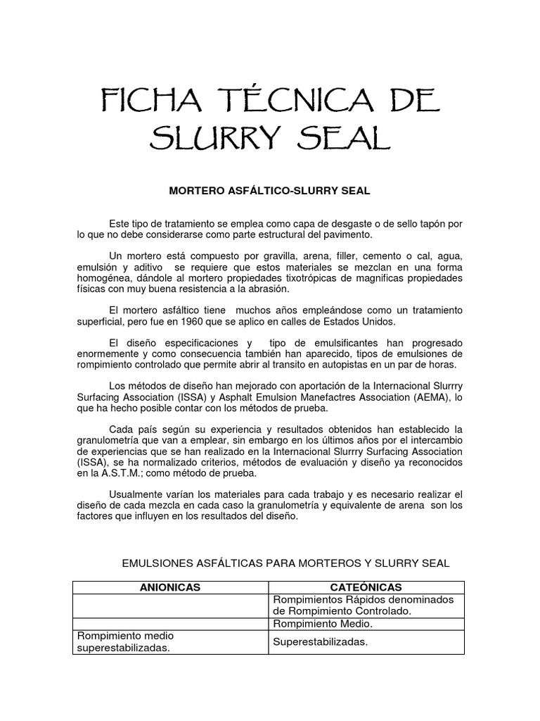 Ficha Técnica de Slurry Seal | PDF | Emulsión | Materiales de construcción