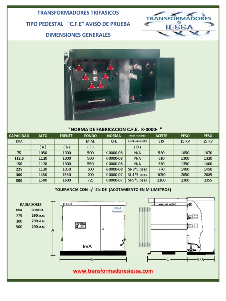 Transformador 75 KVA TRANSFORMADORES IESSA - FICHA TECNICA PEDESTAL TRIFASICO NORMA CFE - K-0000 ...