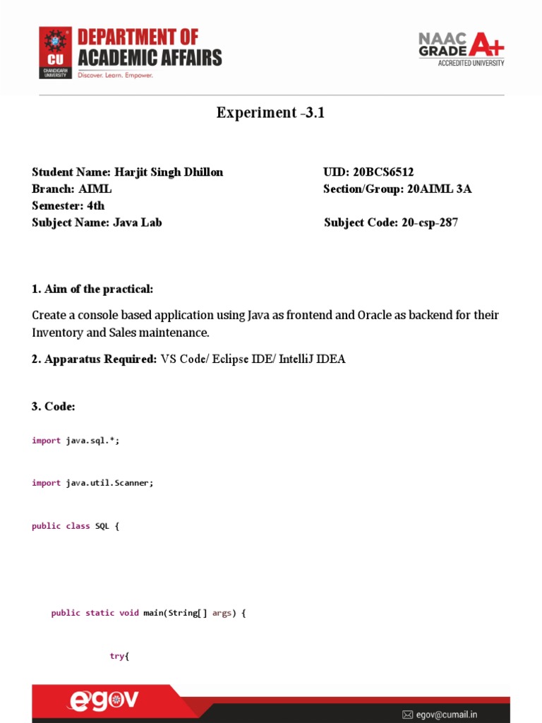 Java - Experiment 3.1 Worksheet - 20BCS6512 | PDF | Teaching Methods & Materials | Computers