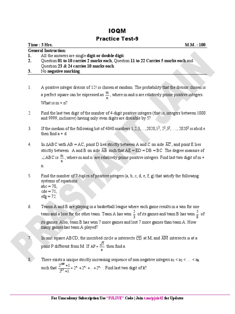 IOQM 2022 Practice Test-09 | PDF | Sphere | Triangle