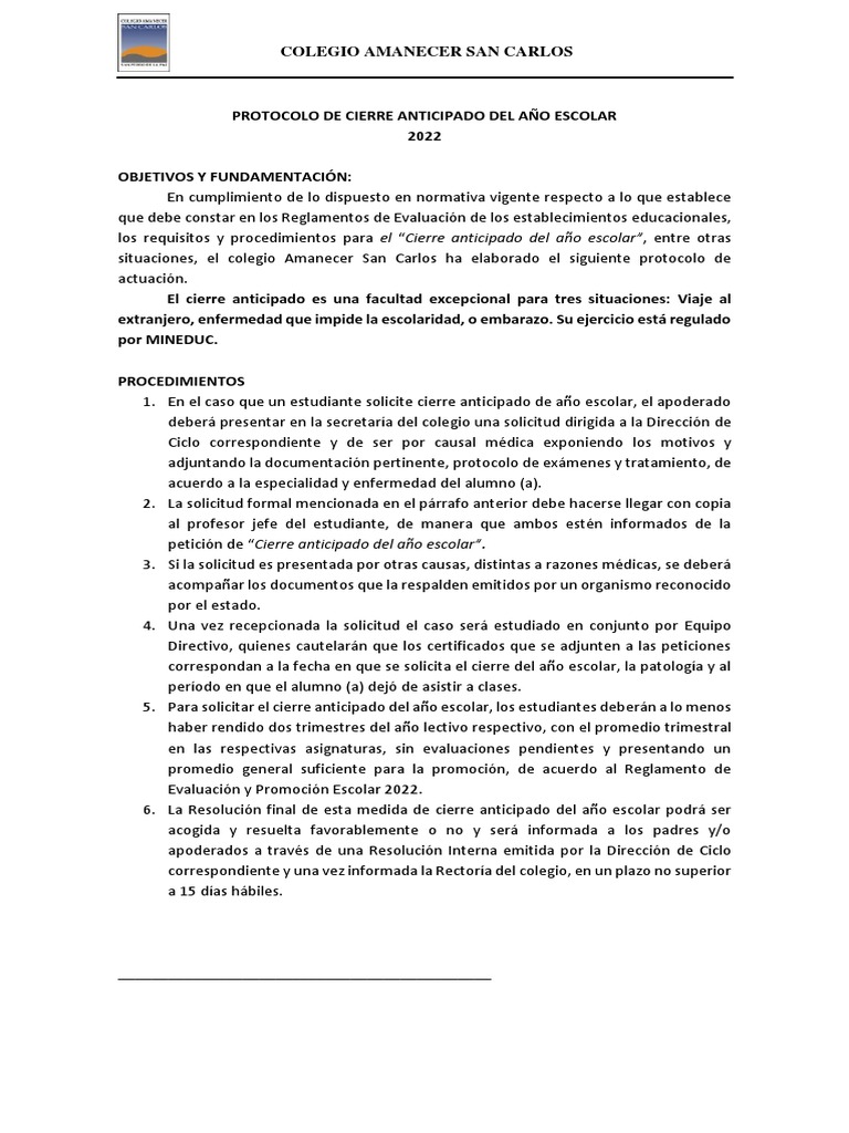 Protocolo Cierre Anticipado | PDF