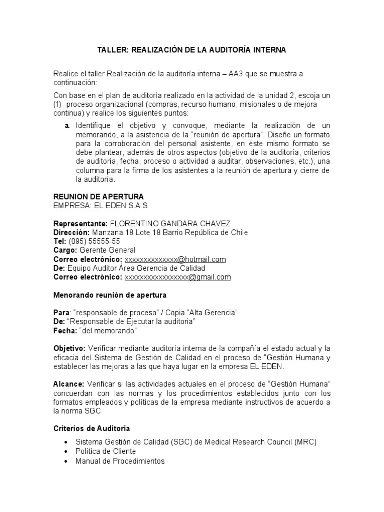 Actividad 3 Ev2 Taller Realizacion de La Auditoria Interna Aa3 | PDF