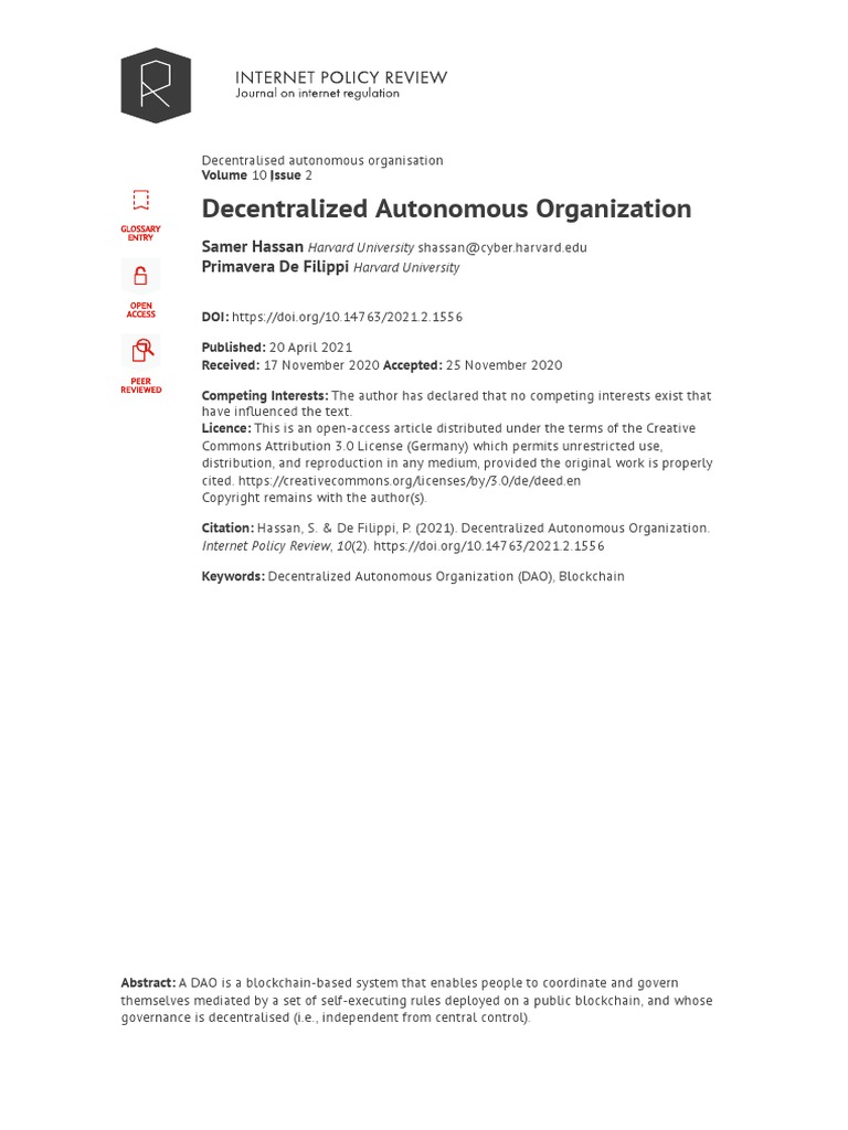 Decentralized Autonomous Organization | PDF | Governance | Decentralization