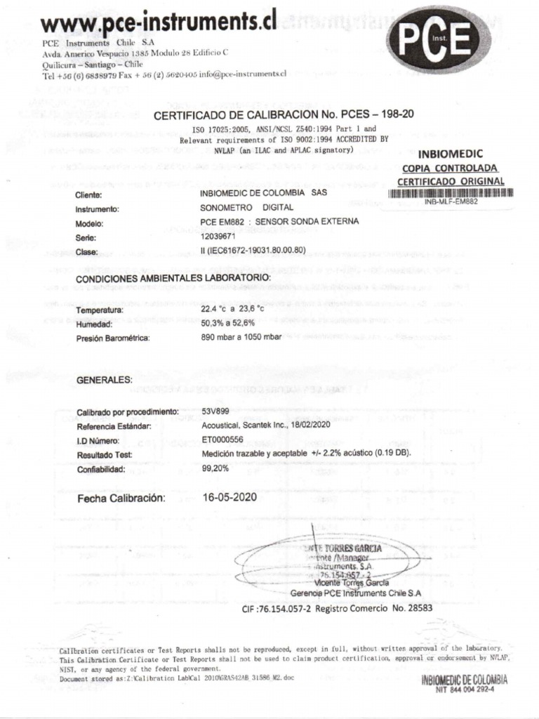 Certificado de Calibracion Sonometro | PDF