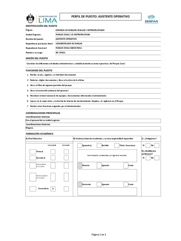 Perfil de Puesto ASISTENTE OPERATIVO | PDF | Licenciatura