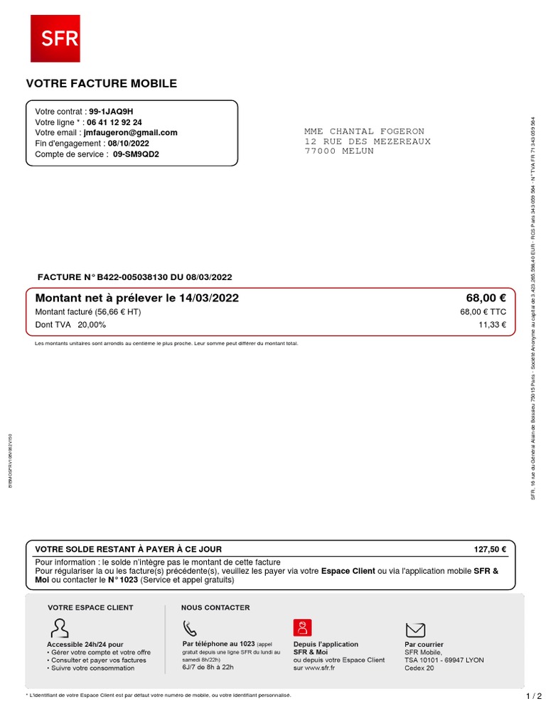 Facture SFR N° B422-005038130 | PDF | Taxe sur la valeur ajoutée | Facture