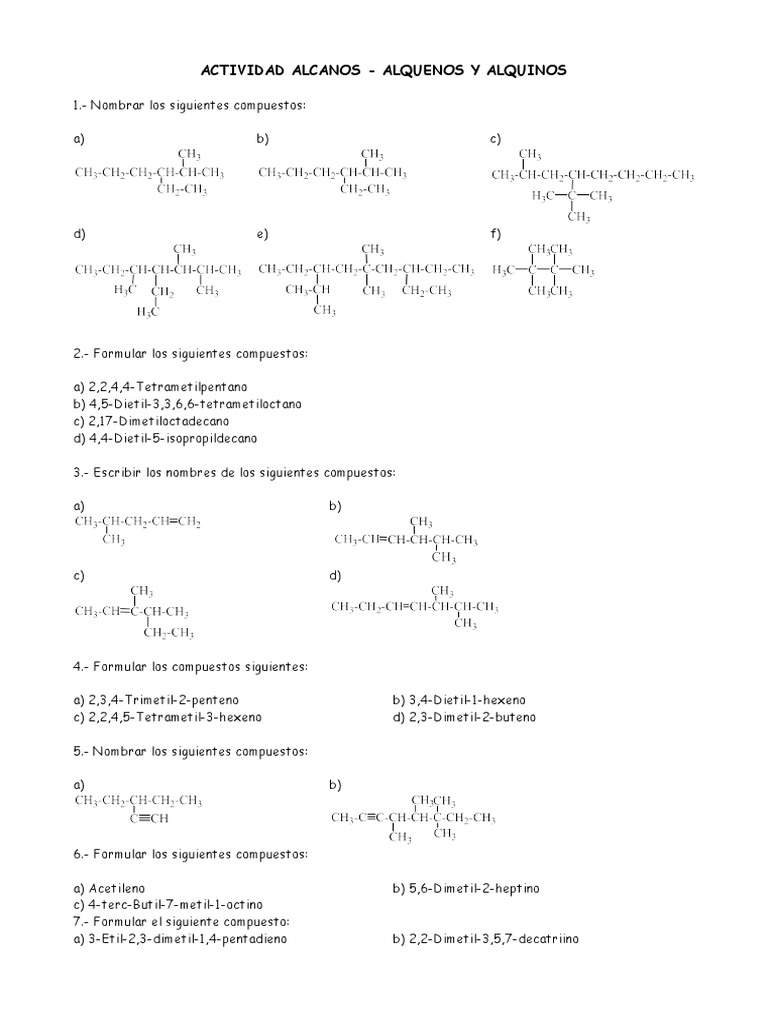 Actividad de Alcanos, Alquenos y Alquinos | PDF