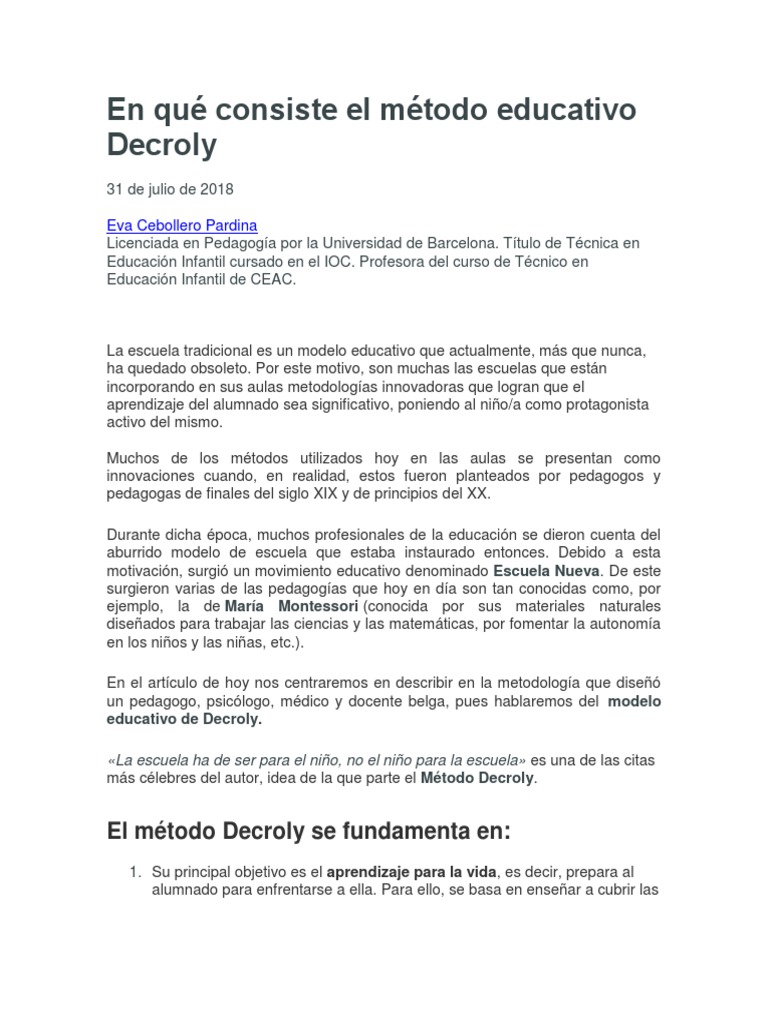 En qué consiste el método educativo Decroly | PDF | Maestros ...