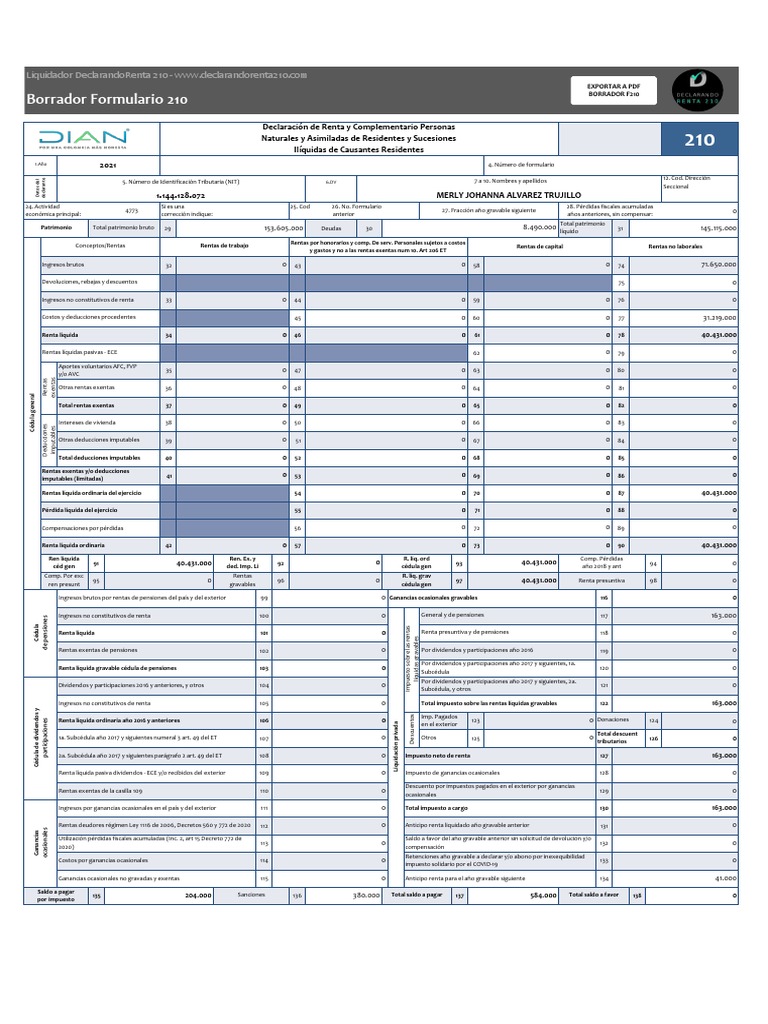 DR210 - Borrador Formulario 210 AG 2021 - CC1144128072 (20221116 111108AM) | PDF | Economias | Pagos
