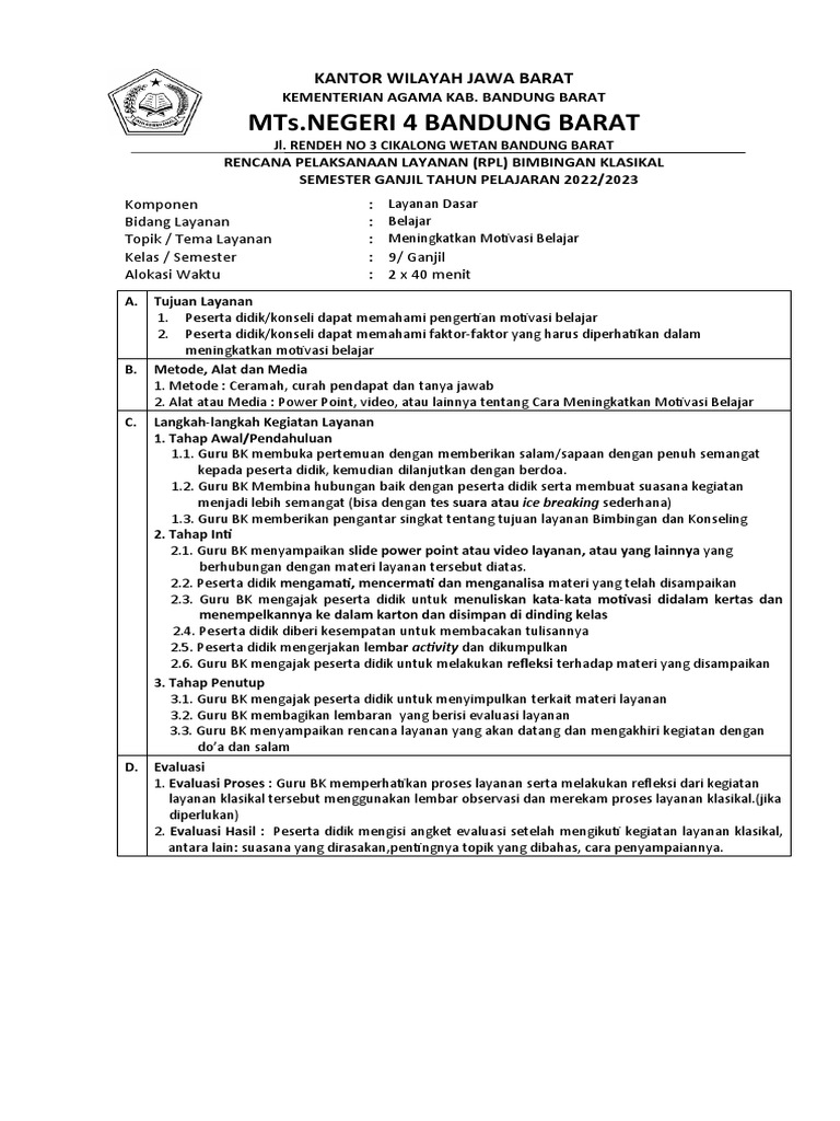 RPL DAN MATERI BK - Meningkatkan Motivasi Belajar | PDF