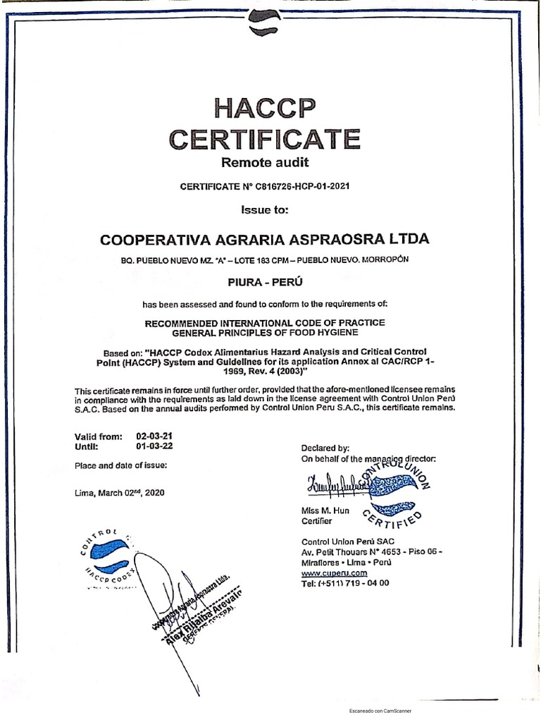 Certificado Haccp | PDF