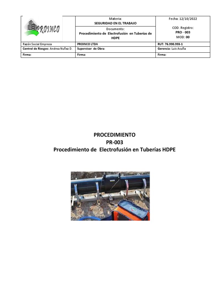 PR-003 Procedimiento de Electrofusion en Tuberías HDPE | PDF