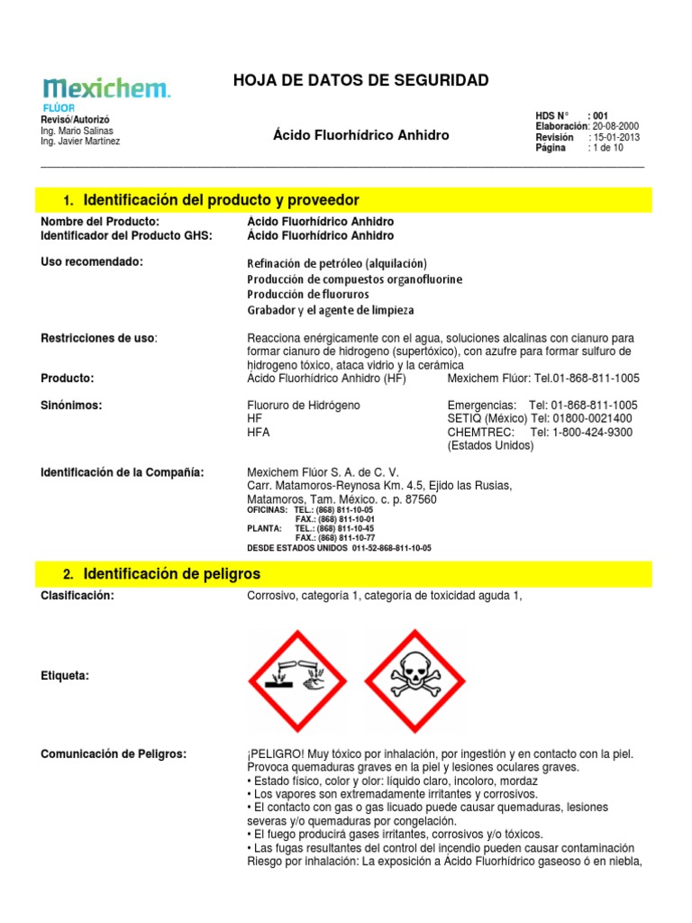 HDS Acido Fluorhídrico Anhídro | PDF | Fluoruro | Agua