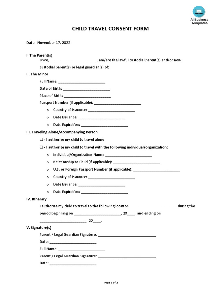 Child Travel Consent Form Template | PDF
