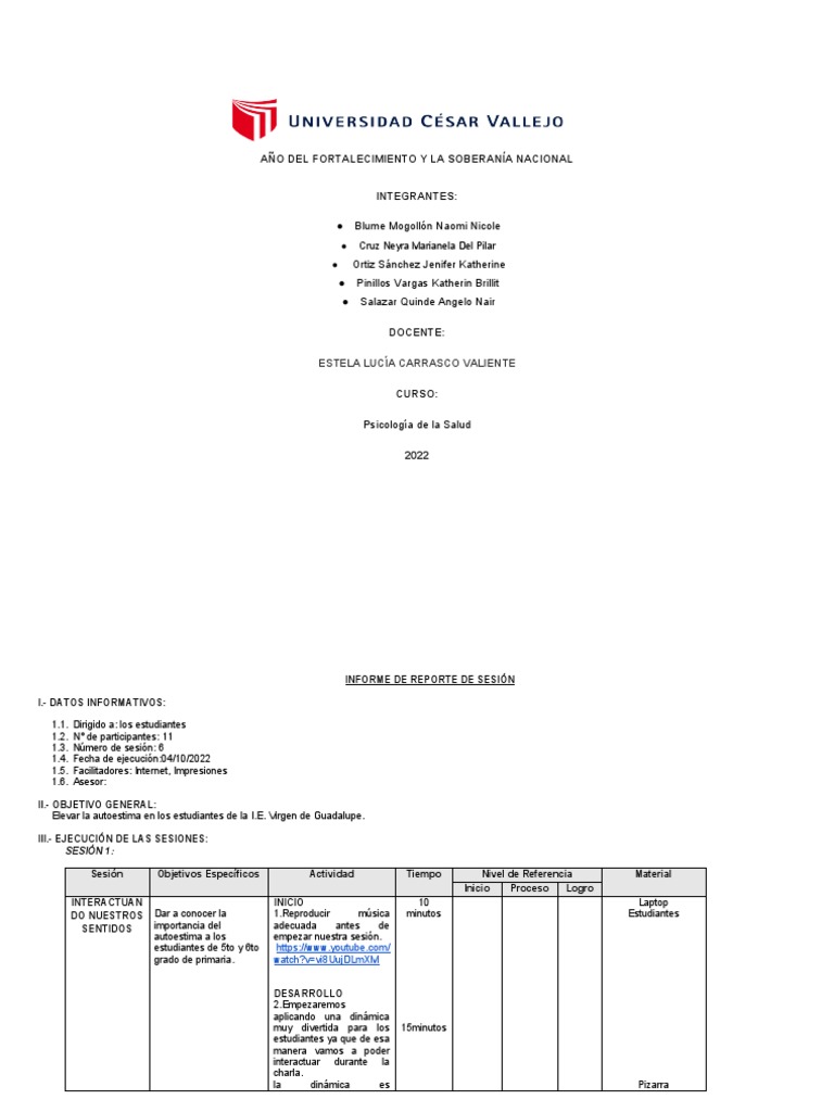 Informe de Sesión | PDF | Autoestima | Sicología