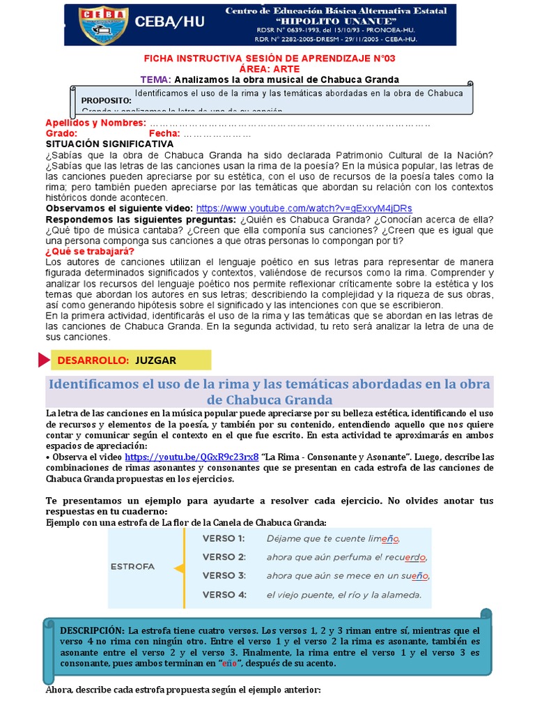 FICHA ARTE 1, 2, 3 y 4 Avanzado EDA 8 - Analizamos La Obra Musical de Chabuca Granda | PDF ...