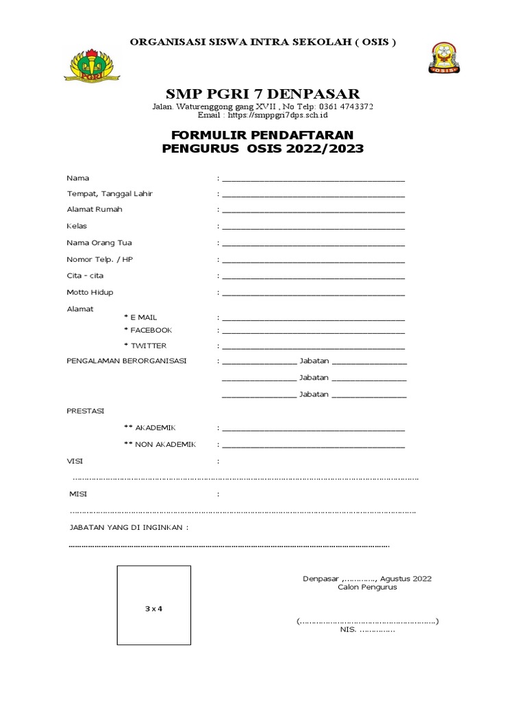 Contoh Formulir Pendaftaran Osis | PDF