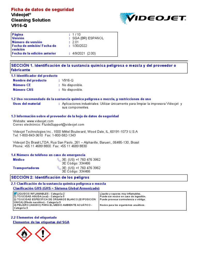 Videojet Cleaning Solution: Ficha de Datos de Seguridad | Descargar ...