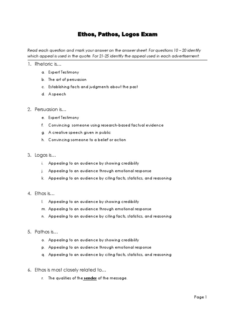 Ethos, Pathos, Logos Exam Answers | PDF | Cognition | Western Philosophy