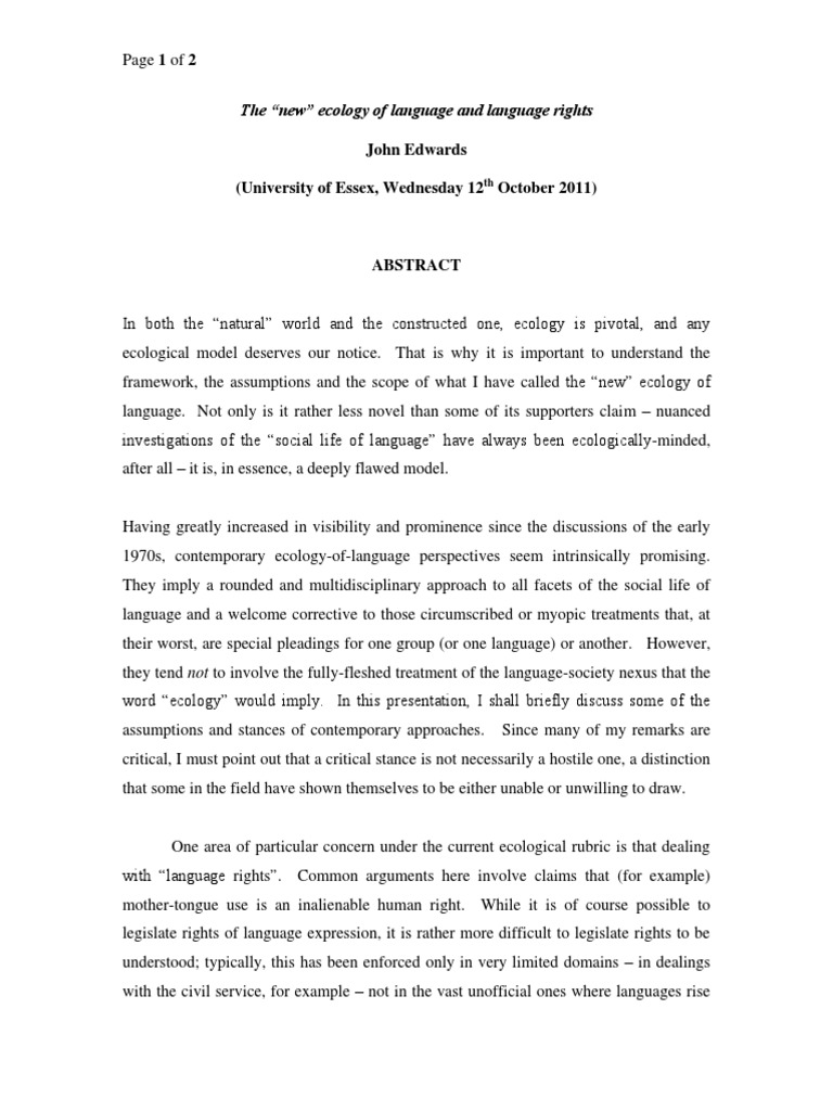 Edwards J. Ecology of Language and Language Rights | PDF | Philosophical Theories | Cognitive ...
