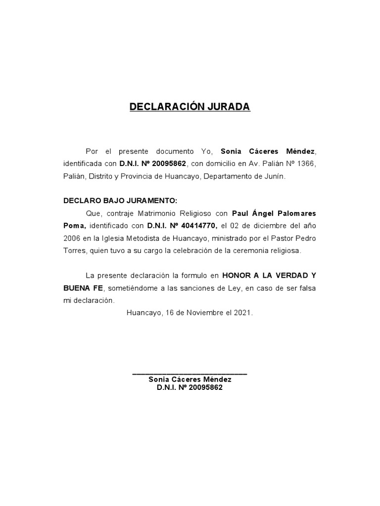 DECLARACIÓN JURADA DE MATRIMONIO RELIGIOSO | PDF DECLARACIÓN JURADA DE MATRIMONIO RELIGIOSO | PDF