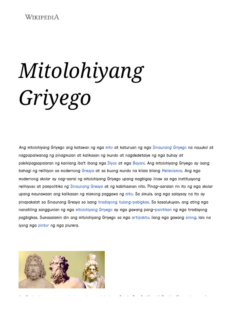 Mitolohiyang Griyego - Wikipedia, Ang Malayang Ensiklopedya | PDF