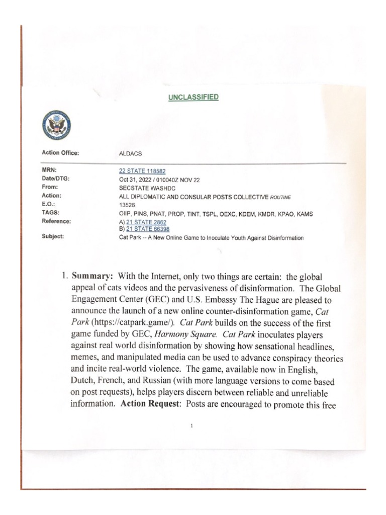 State Dept Video Game (GEC Memo 10-31-22) | PDF