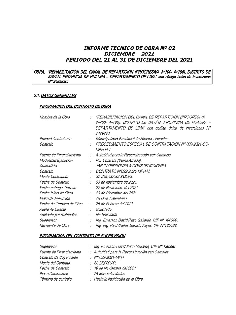 INFORME TECNICO DE OBRA Diciembre 13-20 | PDF