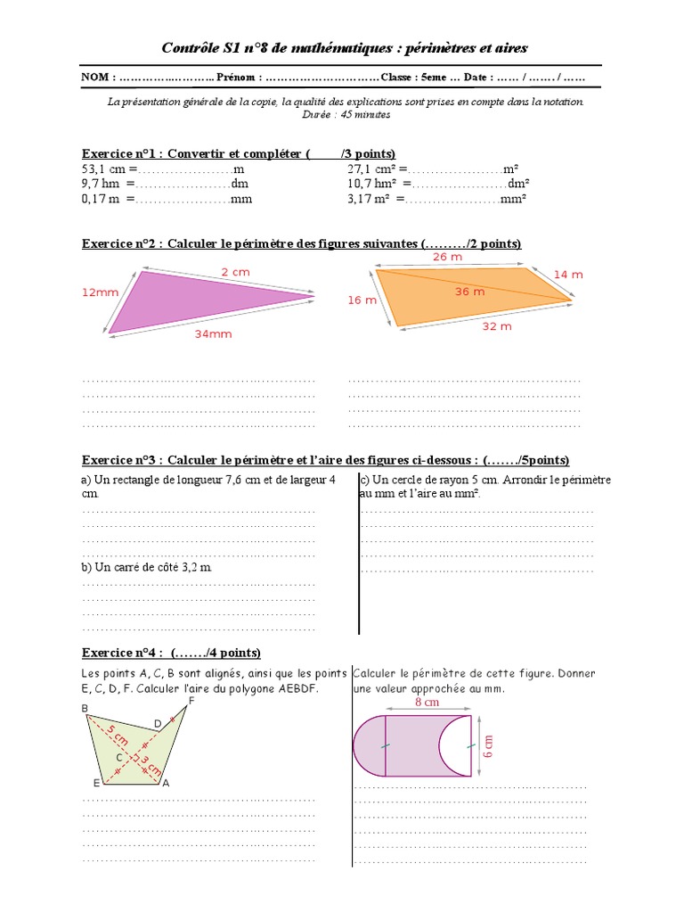 Contrôle S1 N°8 de Mathématiques: Périmètres Et Aires | PDF