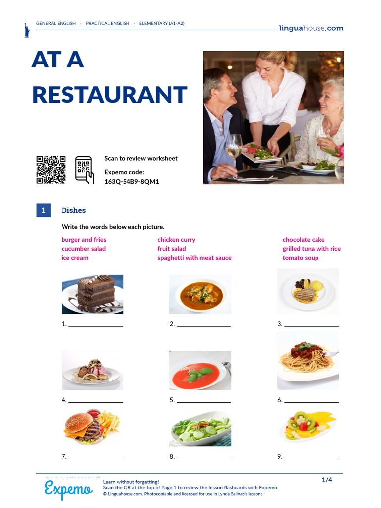 Restaurant Worksheet | PDF | Menu | Waiting Staff