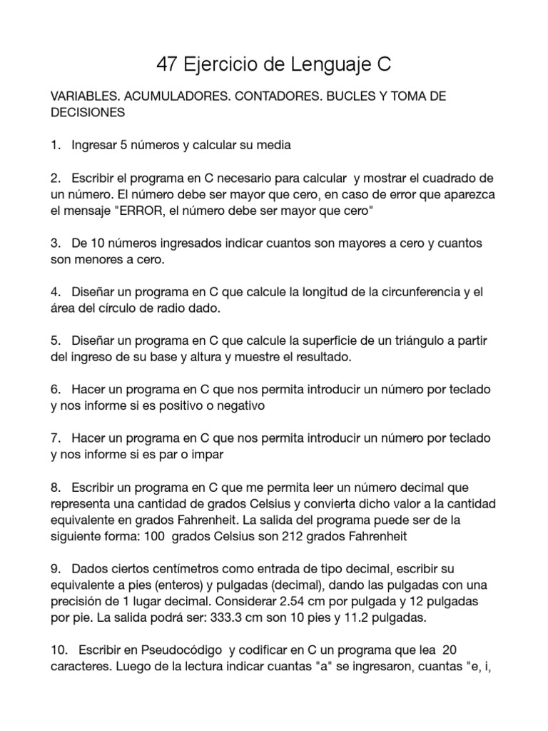 47 Ejercicio de Lenguaje C (No Resueltos) | Descargar gratis PDF ...