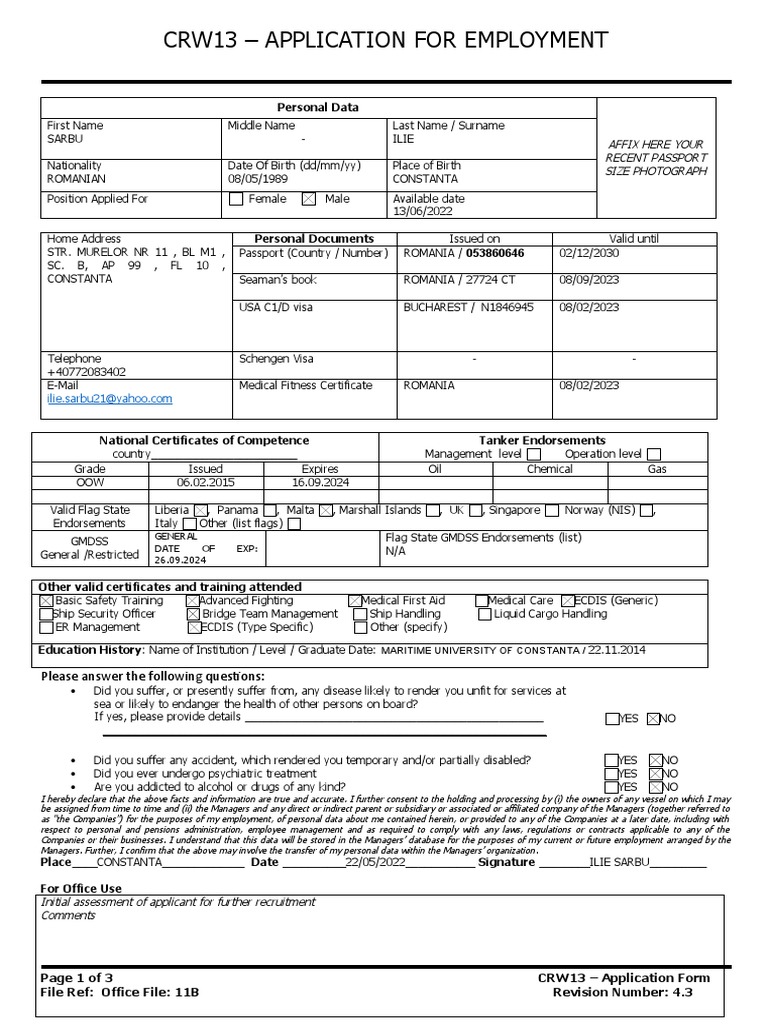 V Ships CRW13 - Application Form | PDF | Oil Tanker | Freight Transport