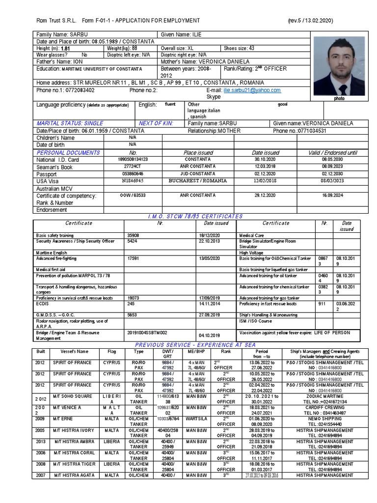 Employment Application for Ilie Sarbu | PDF | Ships | Oil Tanker