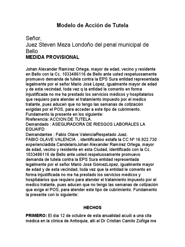 Modelo de Acción de Tutela contra EPS | PDF | Derecho