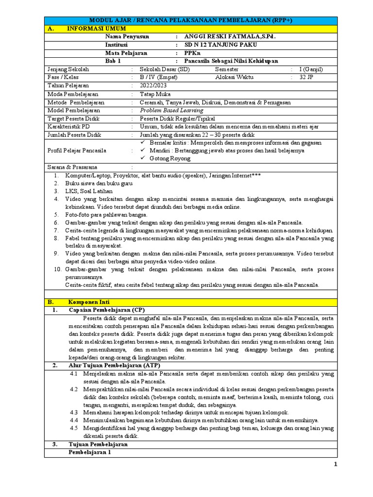 RPP PPKN KLS Iv SMS 1 | PDF