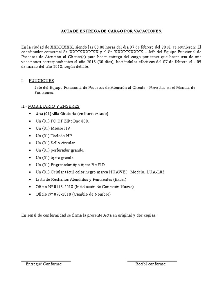 Acta Entrega Cargo Por Vacaciones | PDF