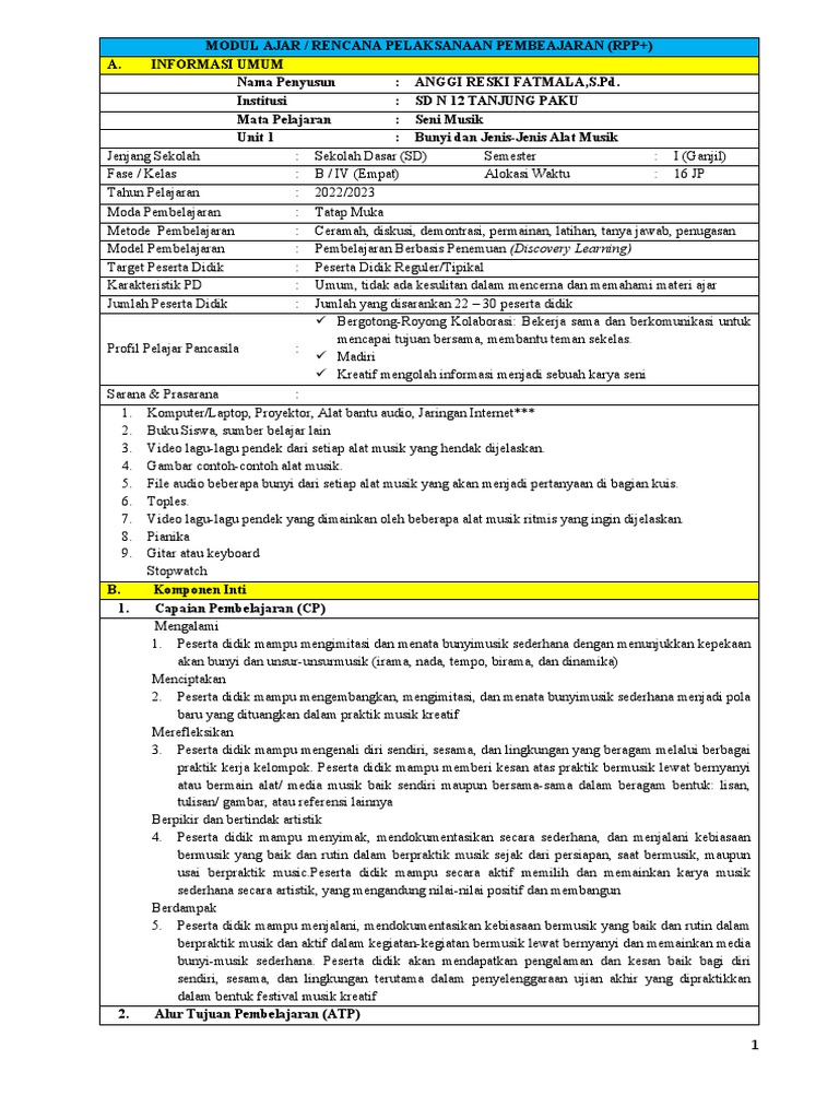 RPP Seni Musik KLS Iv SMS 1 | PDF