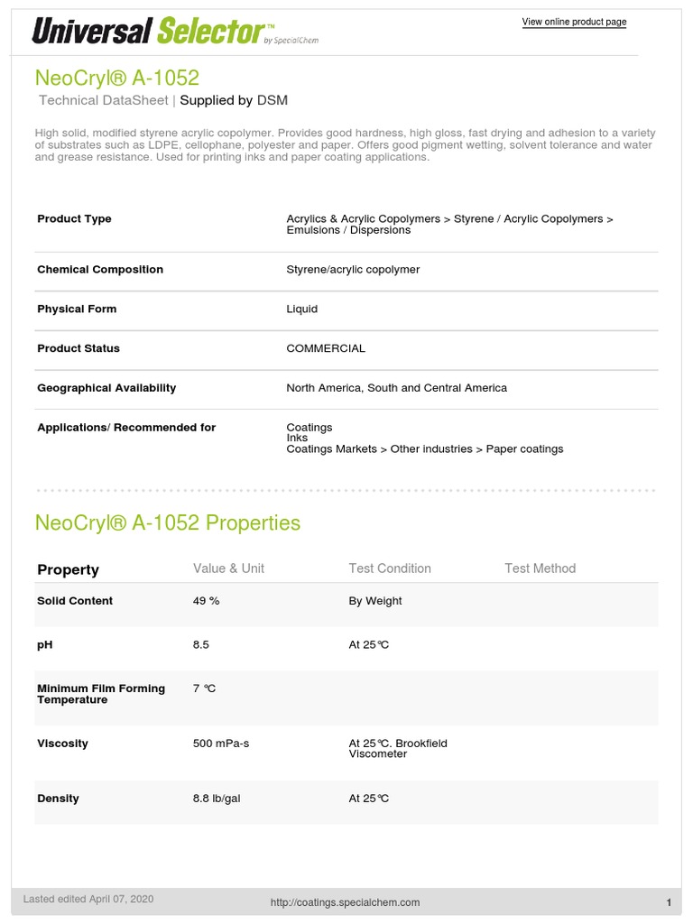 NeoCryl® A-1052 - DSM | PDF | Poly(Methyl Methacrylate) | Copolymer