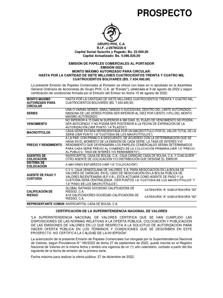 Prospecto Oferta Publica Papeles Comerciales Emisión 2022 Grupo PHX Ca ...
