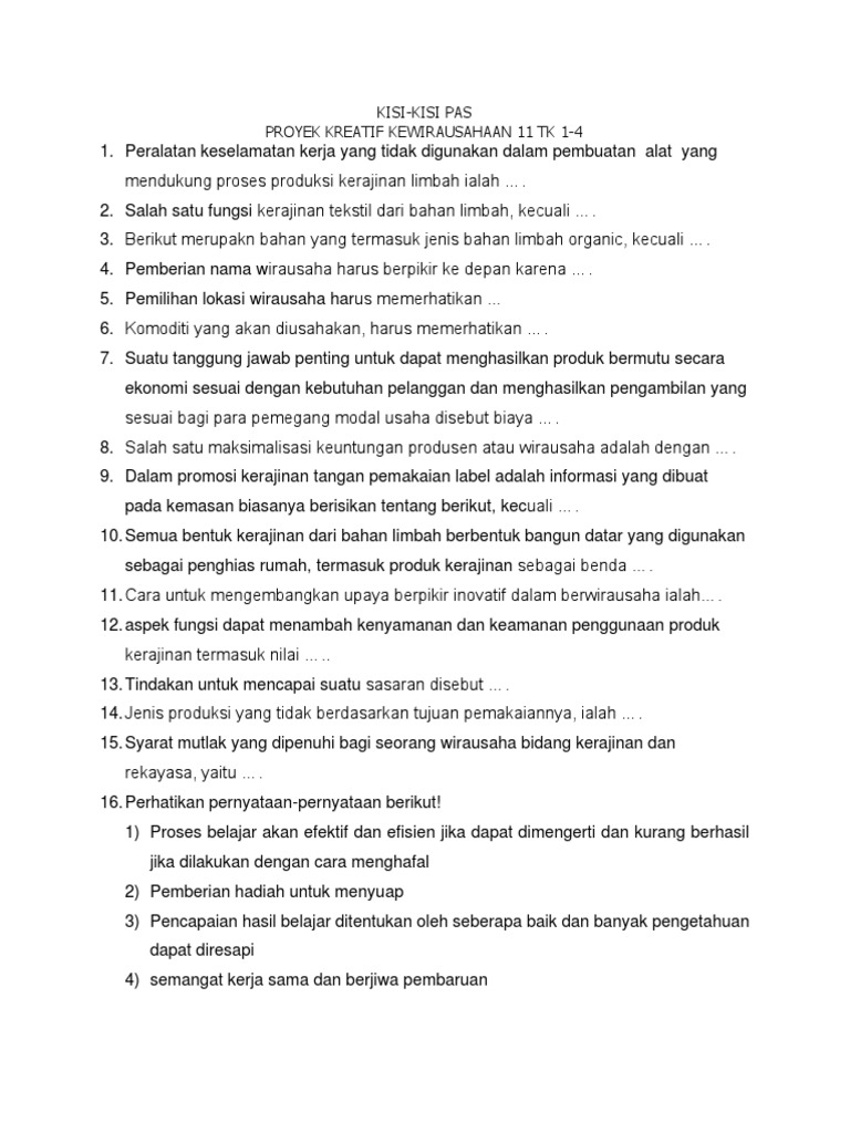 Kisi-Kisi & Latihan Soal Pas PKK Xi KTL 1-4 2022-2023 | PDF