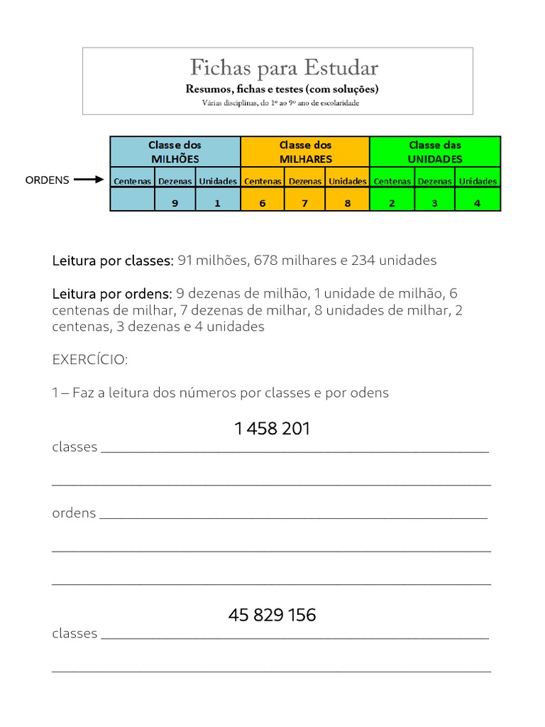 Ficha Matemática 4 Ano Leitura de Numeros Por Classes e Ordens | PDF