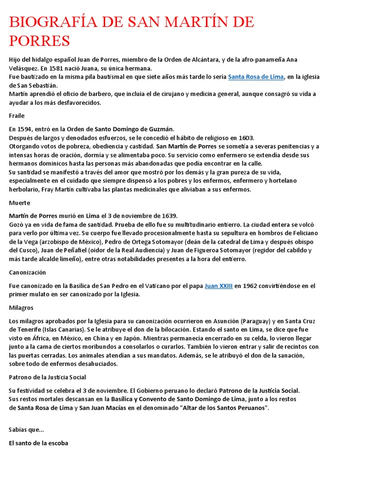 BIOGRAFÍA DE SAN MARTÍN DE PORRES | PDF