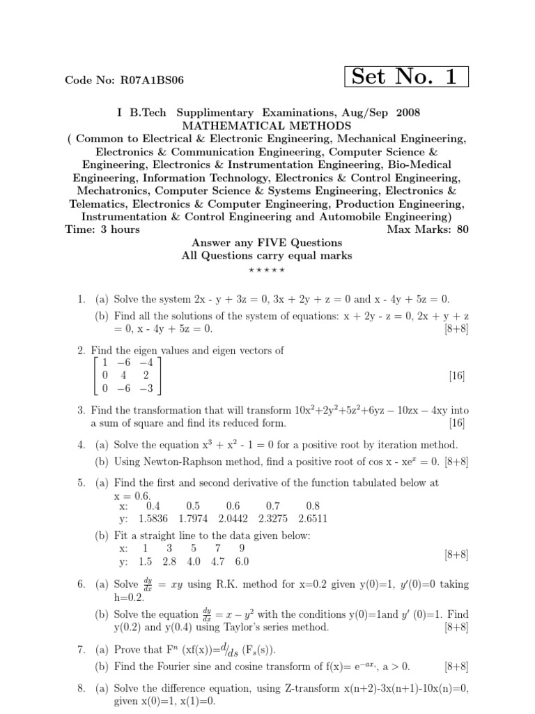 R07a1bs06 Mathematical Methods | PDF | Control Engineering | Engineering