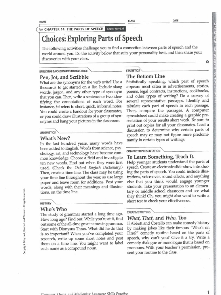 Parts of Speech Answer Key | PDF