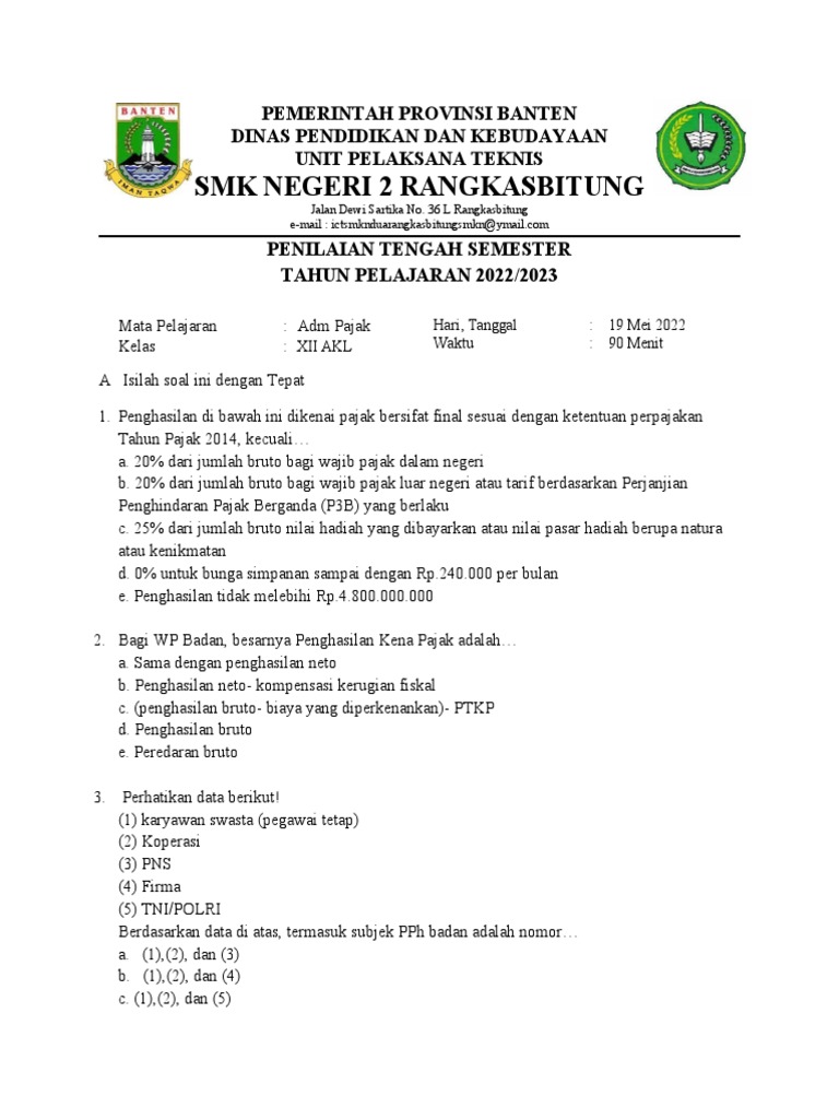 Soal PG PTS Pajak KLS Xii Ganjil | PDF | Bisnis | Pengelolaan Keuangan & Uang