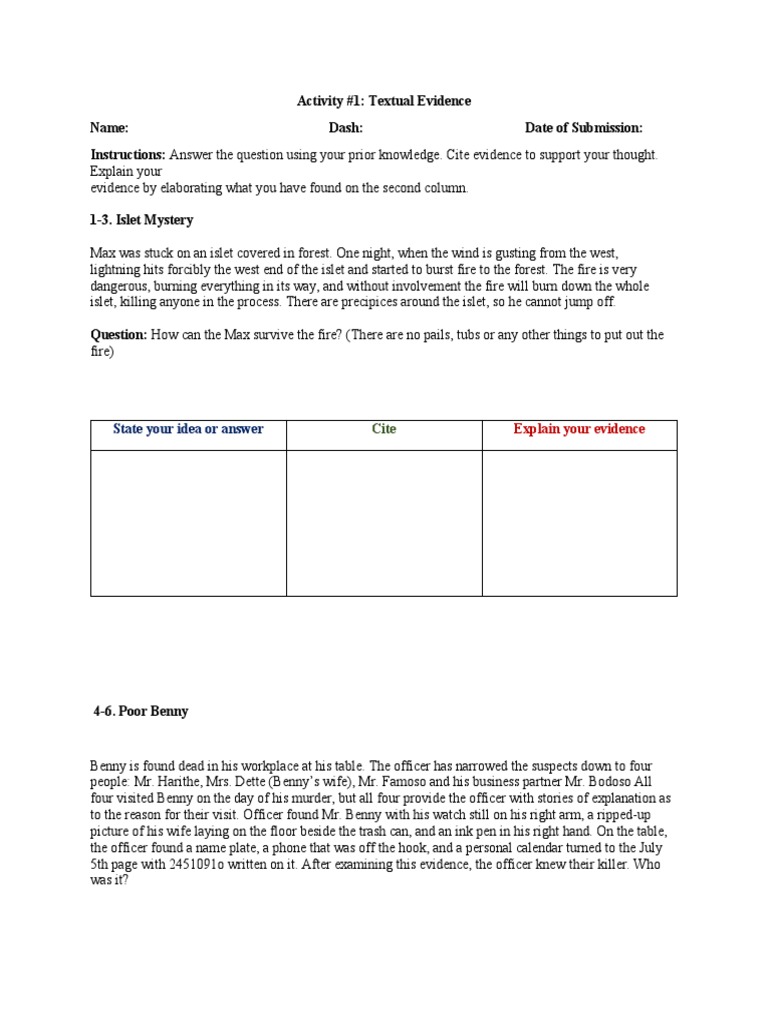 Textual Evidence Analysis Activities | PDF